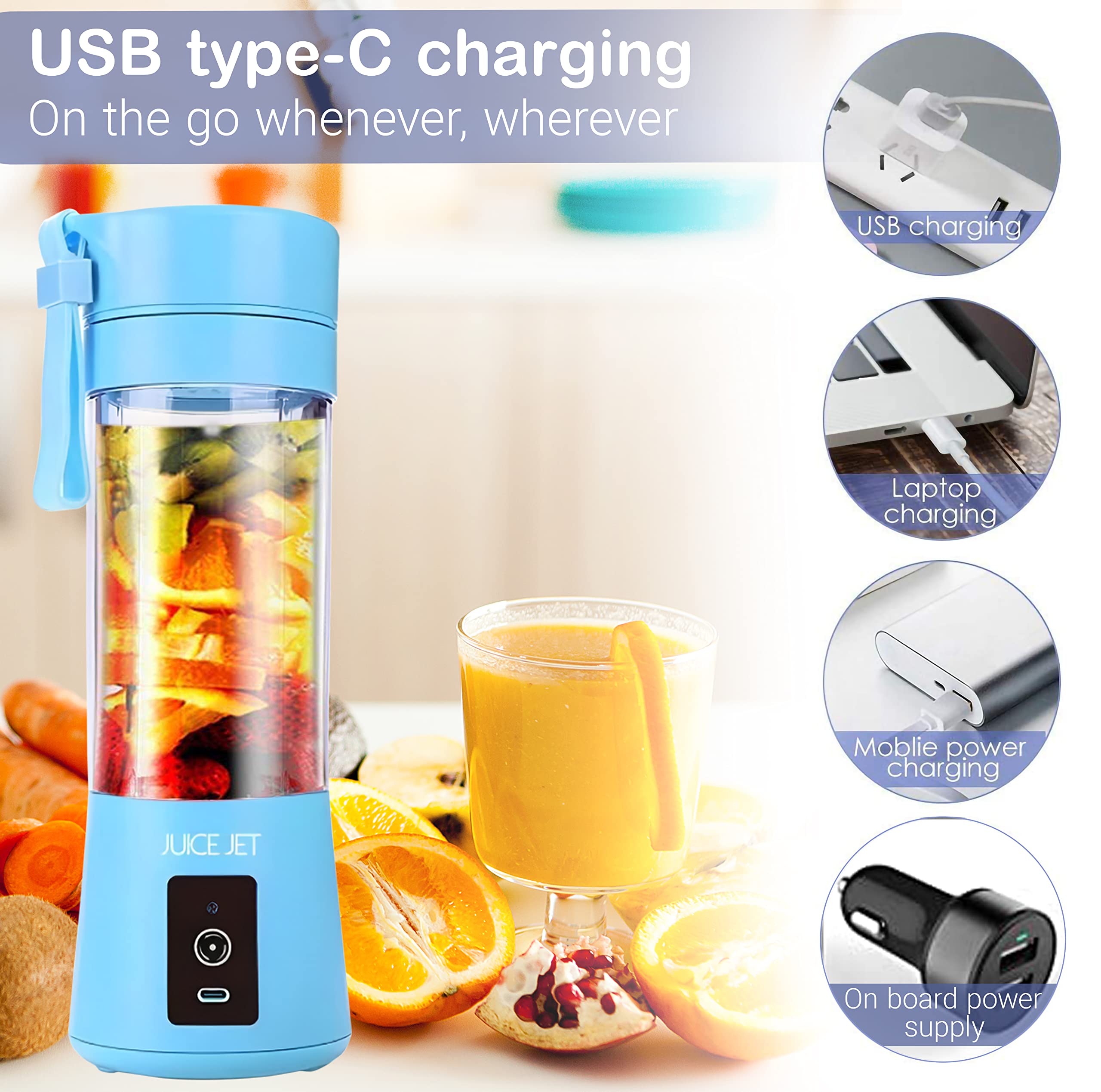 Juice Jet, Portable Blender, Mixer, USB Rechargeble, Personal Blender, Handheld Blender, Travel, Gym, Home, Outdoor, Office (Blue)