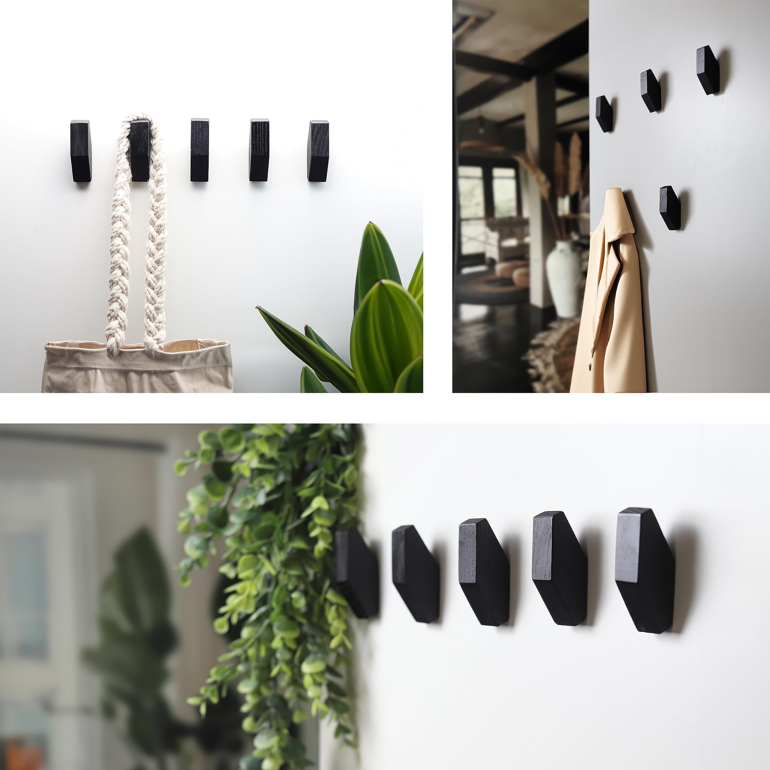 TOROS store Set of 5 Wood Wall Hooks - Modern Black Wooden Coat Hooks for Hanging, Coat Hooks Wall Mounted, Decorative Hooks, Hook Rack, Bag Hooks, Hat Hooks for Wall, Backpack Wall Hook