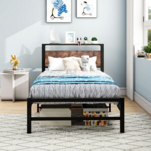 verfarm twin bed frame with shelf storage wood headboard, strong steel slat support, heavy duty metal platform single bed frames no box spring needed, easy assembly, non-slip without noise