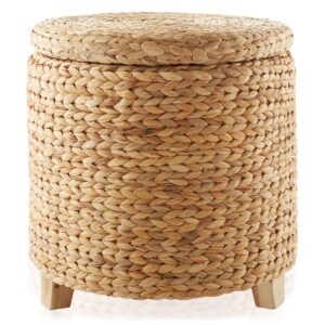 Casafield 17" Round Storage Ottoman with Lid - Natural, Handwoven Water Hyacinth Footstool for Living Room, Bedroom, Bathroom, Home Office