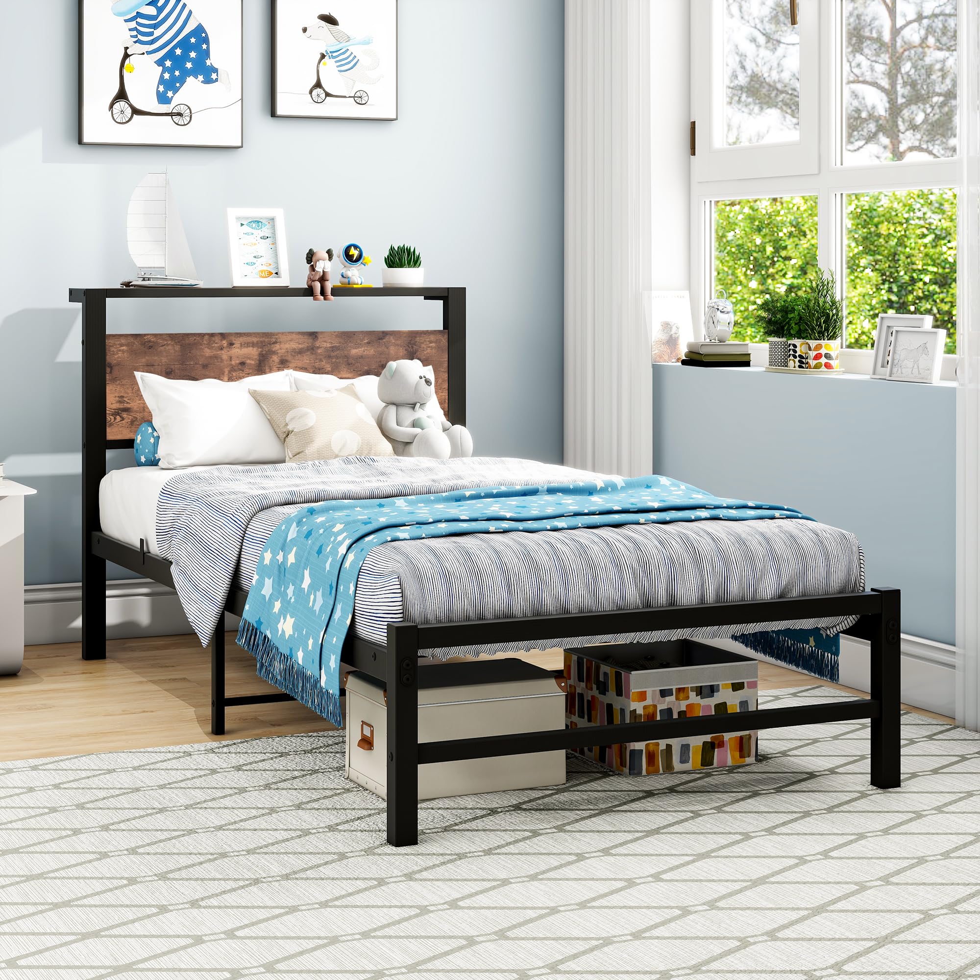 VERFARM Twin Bed Frame with Shelf Storage Wood Headboard, Strong Steel Slat Support, Heavy Duty Metal Platform Single Bed Frames No Box Spring Needed, Easy Assembly, Non-Slip Without Noise