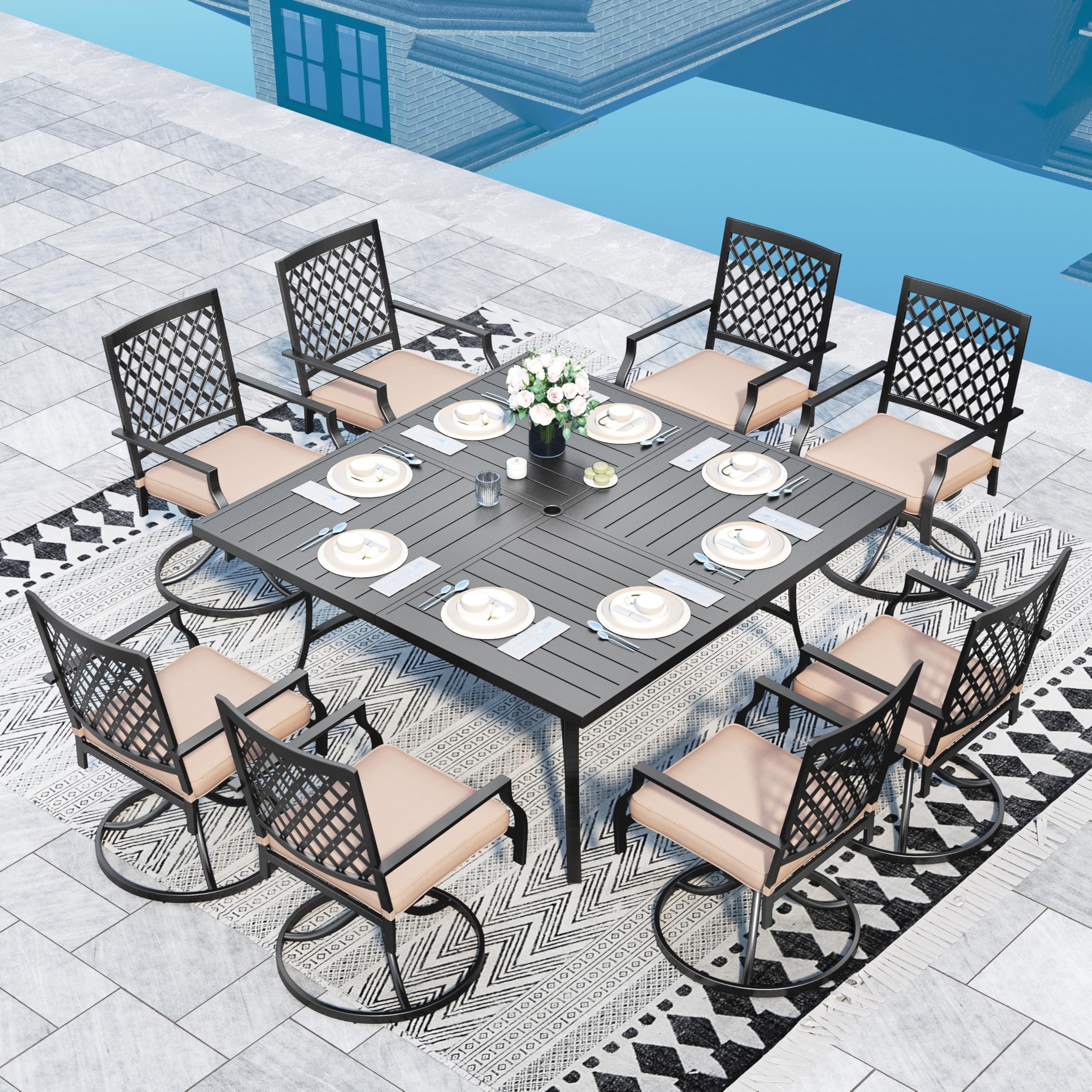 Sophia & William Outdoor Dining Set of 9, Large Square Patio Dining Table with 8 Swivel Rocking Dining Chairs with Cushion, Metal Black sOutdoor Table and Chairs for Garden Backyard Bistro