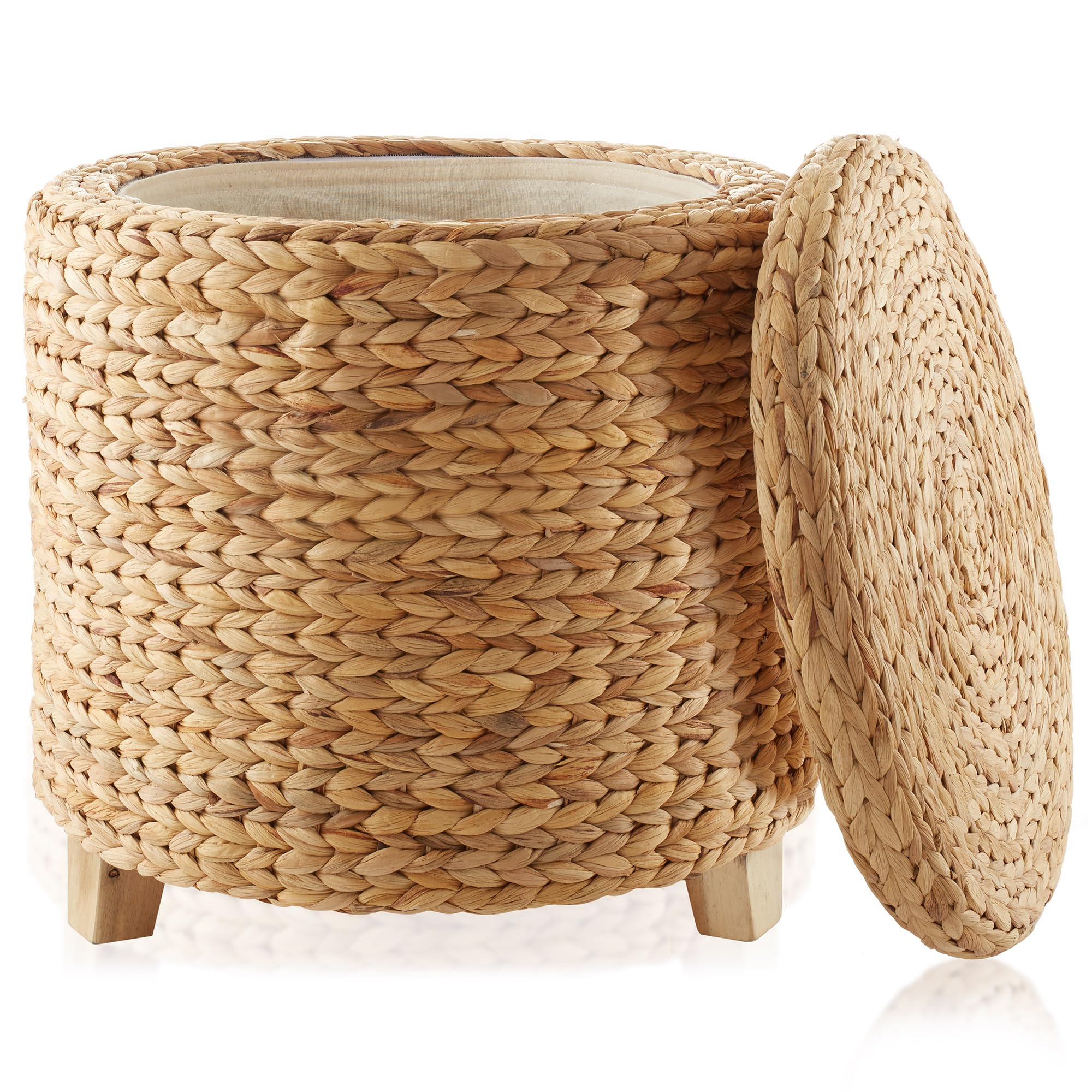 Casafield 17" Round Storage Ottoman with Lid - Natural, Handwoven Water Hyacinth Footstool for Living Room, Bedroom, Bathroom, Home Office