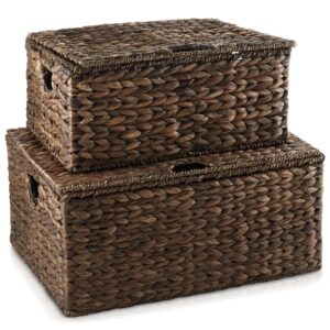 casafield set of 2 water hyacinth rectangular storage baskets with lids (medium/large), multipurpose decorative shelf organization totes for bedroom, bathroom, laundry, home office