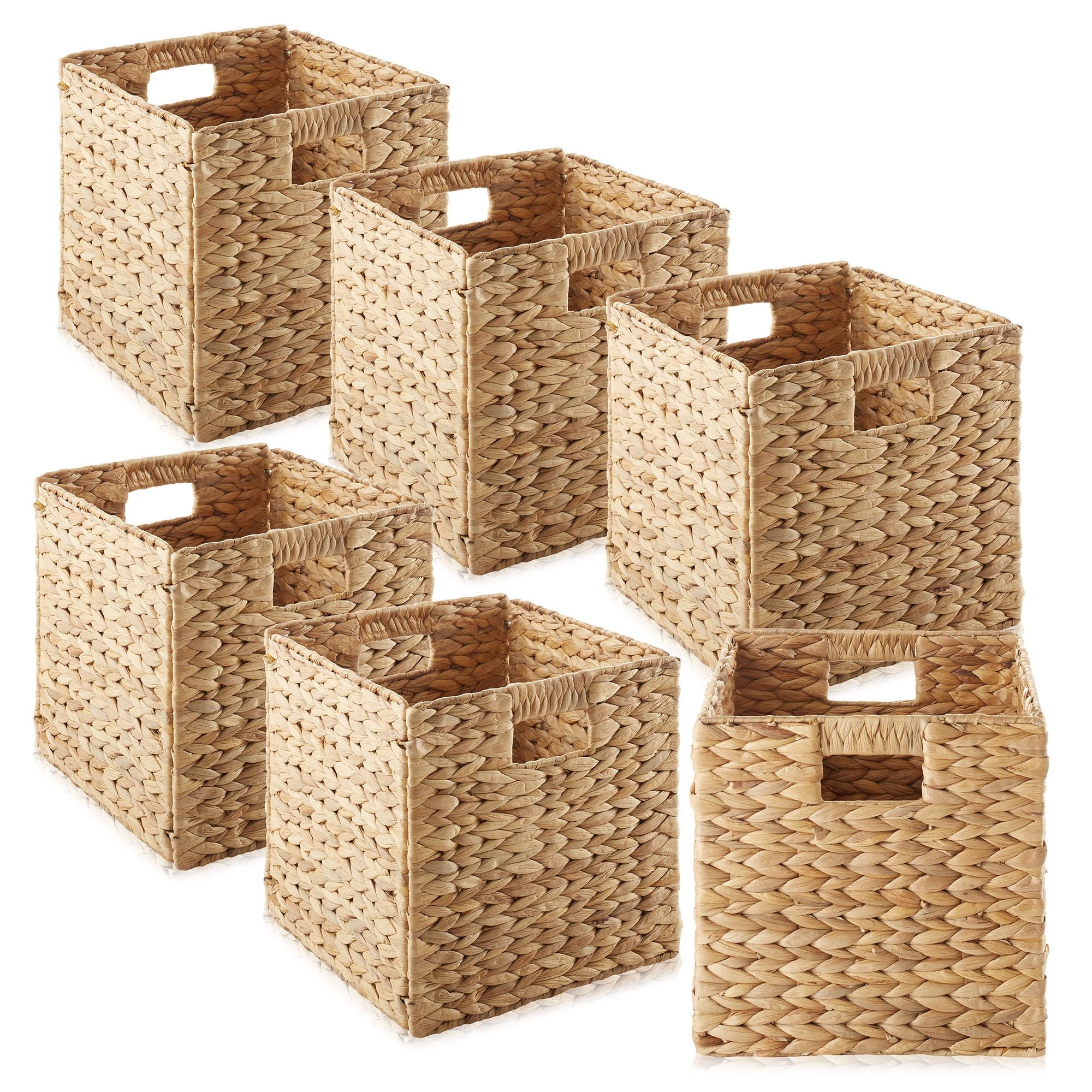 Casafield 10.5" x 10.5" Water Hyacinth Storage Baskets, Natural - Set of 6 Collapsible Cube Organizers, Woven Bins for Bathroom, Bedroom, Laundry, Pantry, Shelves