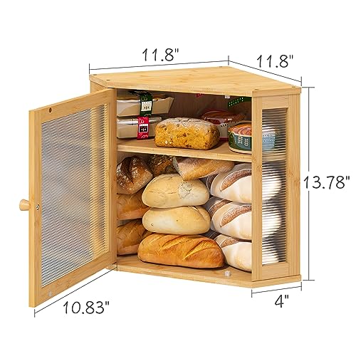 viewcare Corner Bread Box for Kitchen Counter, Bamboo Wood Large Capacity Bread Storage Bin with Acrylic Wavy Door Panel (Natural, Meduim)