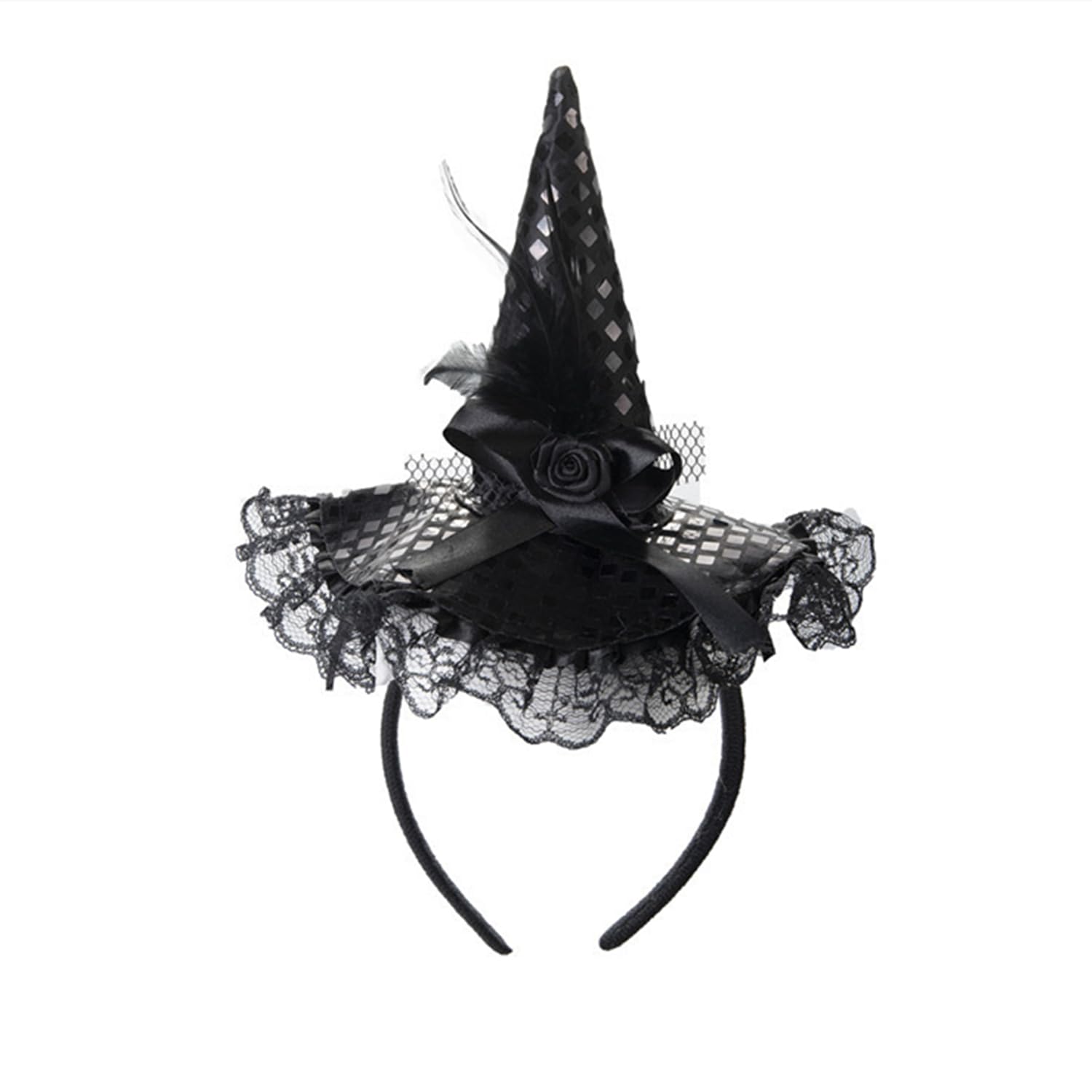 Dzrige Halloween Witch Hat Headband Witch Feather Headwear with Lace Trim Witch Hat Headpiece Accessories for Halloween Party Cosplay (Black)