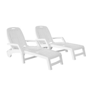 vilobos 2 pack folding lounge chaise chair on wheels 4 adjustable backrest positions patio lounge chairs for outside with storage basket, 440lbs weight capacity white pool furniture, waterproof