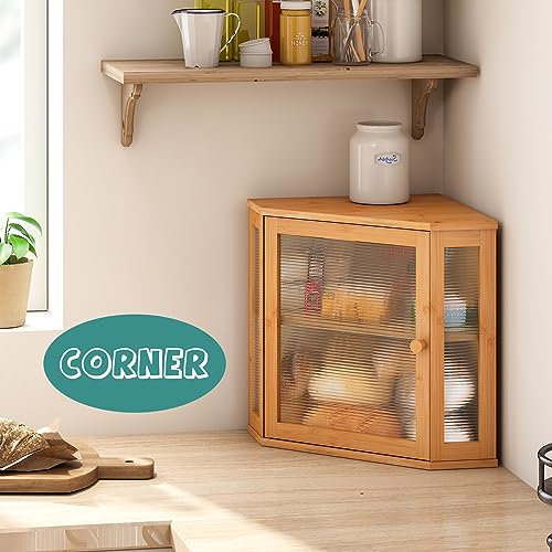 viewcare Corner Bread Box for Kitchen Counter, Bamboo Wood Large Capacity Bread Storage Bin with Acrylic Wavy Door Panel (Natural, Meduim)