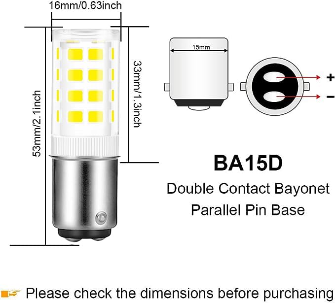 SSXBF BA15D LED Double Contact Bayonet Base 120 Volts 4W Bulb，Daylight 6000K,40W Halogen Replacement Bulb，Sewing Machine Bulbs Pack of 2……