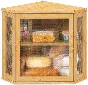 viewcare corner bread box for kitchen counter, bamboo wood large capacity bread storage bin with acrylic wavy door panel (natural, meduim)