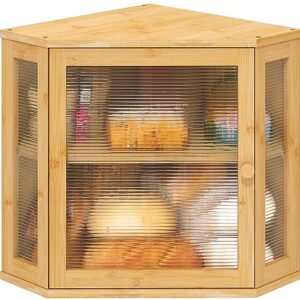 viewcare Corner Bread Box for Kitchen Counter, Bamboo Wood Large Capacity Bread Storage Bin with Acrylic Wavy Door Panel (Natural, Meduim)