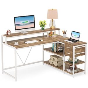 little tree 55" l-shaped computer desk, reversible home office desk with file drawers and monitor stand, gaming desk writing study table workstation