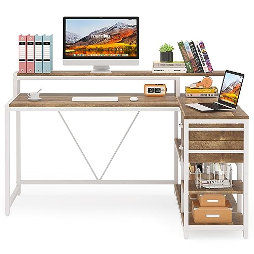 LITTLE TREE 55" L-Shaped Computer Desk, Reversible Home Office Desk with File Drawers and Monitor Stand, Gaming Desk Writing Study Table Workstation