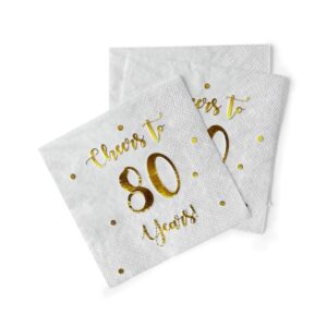 Cheers to 80 Years Cocktail Napkins | Happy 80th Birthday Decorations for Men and Women and Wedding Anniversary Party Decorations | 50-Pack 3-Ply Napkins | 5 x 5 inch folded (White)