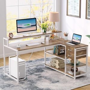 LITTLE TREE 55" L-Shaped Computer Desk, Reversible Home Office Desk with File Drawers and Monitor Stand, Gaming Desk Writing Study Table Workstation