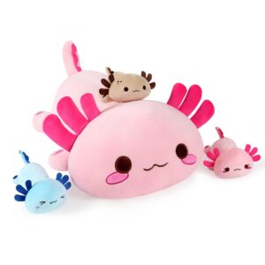 onsoyours axolotl stuffed animal mommy 19.7" with 3 baby axolotl plushies in tummy, 4 piece of cute axolotl plush pillow toys for kids girls boys (pink axolotl family)