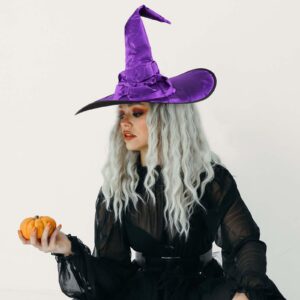 LUTER Halloween Witch Hat, 17.7x17.7 inch Ruched Witch Hat Wizard Hat Decoration Pointed Costume Witch Hat for Kids Cosplay Accessories for Halloween Party Masquerade (Purple)