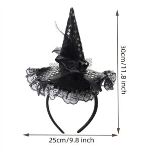 Dzrige Halloween Witch Hat Headband Witch Feather Headwear with Lace Trim Witch Hat Headpiece Accessories for Halloween Party Cosplay (Black)