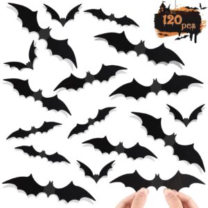 zyflsq 120 pcs bats wall decor halloween decorations, 3d bat stickers for home decor 4 size scary black spooky bats party supplies