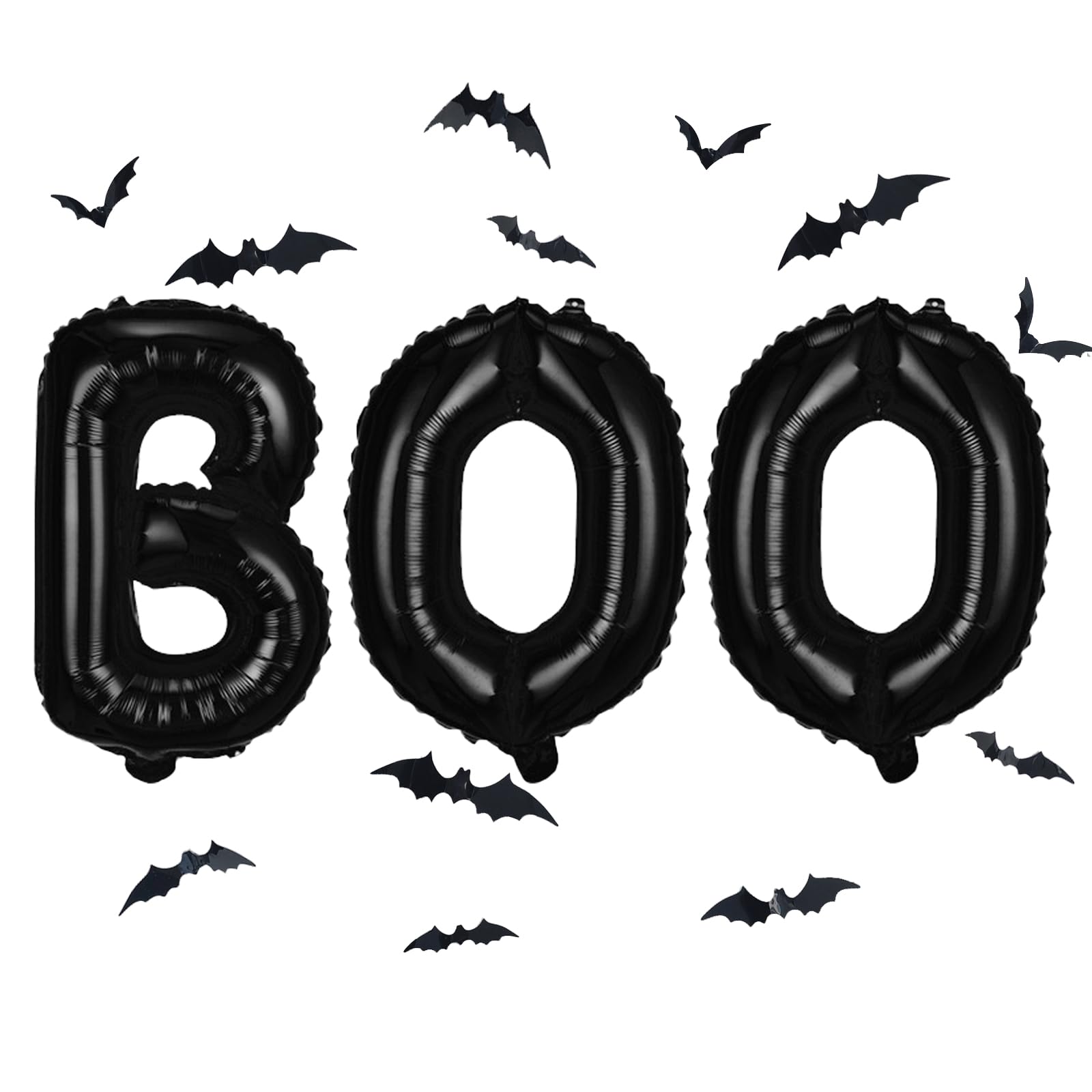 BOO Foil Balloons Set with 3D PVC Bats, Black 16 Inch Halloween BOO Banner Balloon Kit with 12pcs Fake Bats, Boo Mylar Letter Balloons Bunting for Horror Halloween Night Party Decorations Supplies