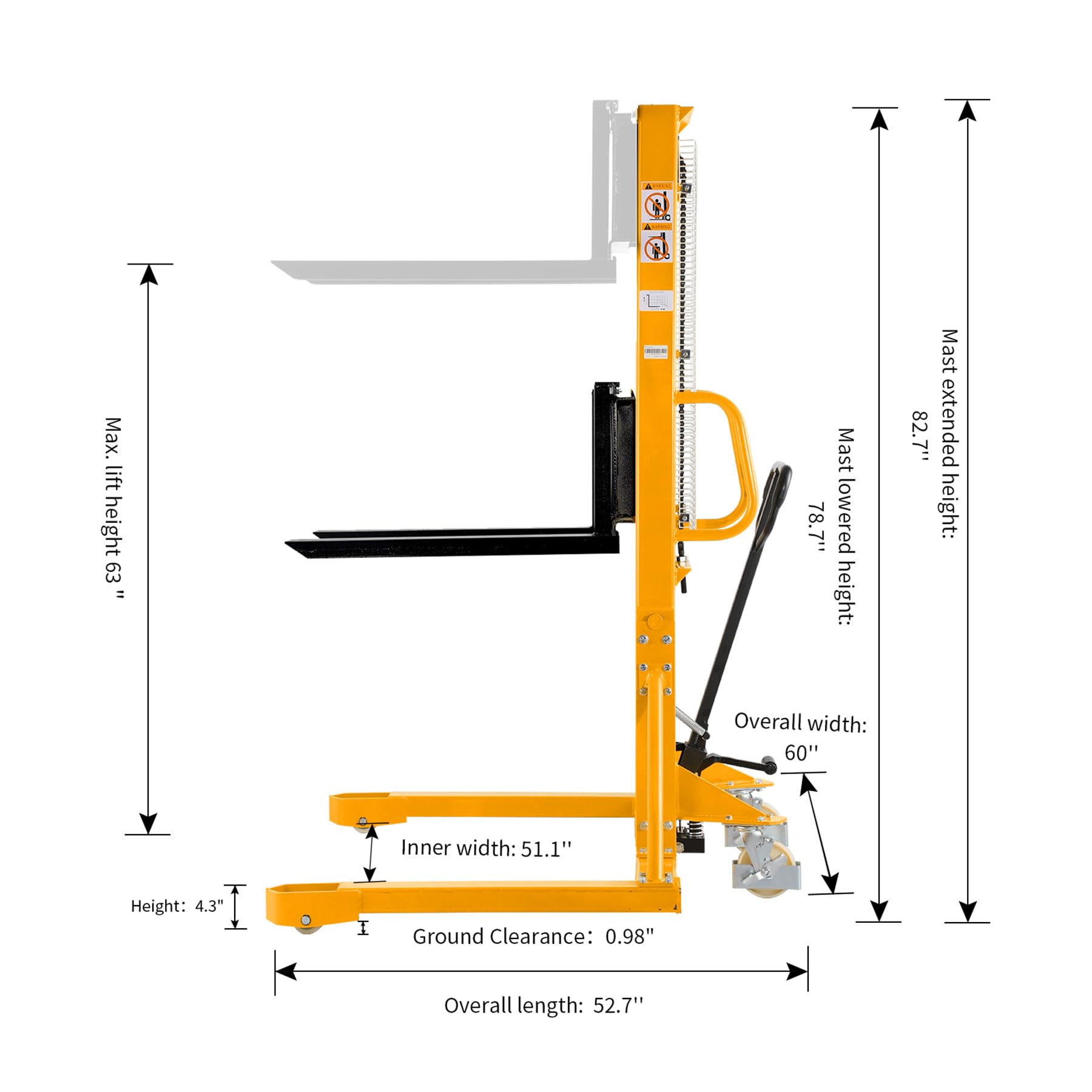 Apollo Manual Stacker Hand Pallet Forklift 1100lbs Capacity 63" Lifting Height with Straddle Legs, Adjustable Forks