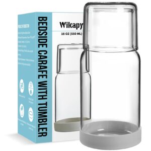 wikapy bedside water carafe and glass set, night bedside carafe with silicone coaster, water carafe with glass cup for nightstand bedroom, lead-free and clear mouthwash dispenser for bathroom, 18 oz