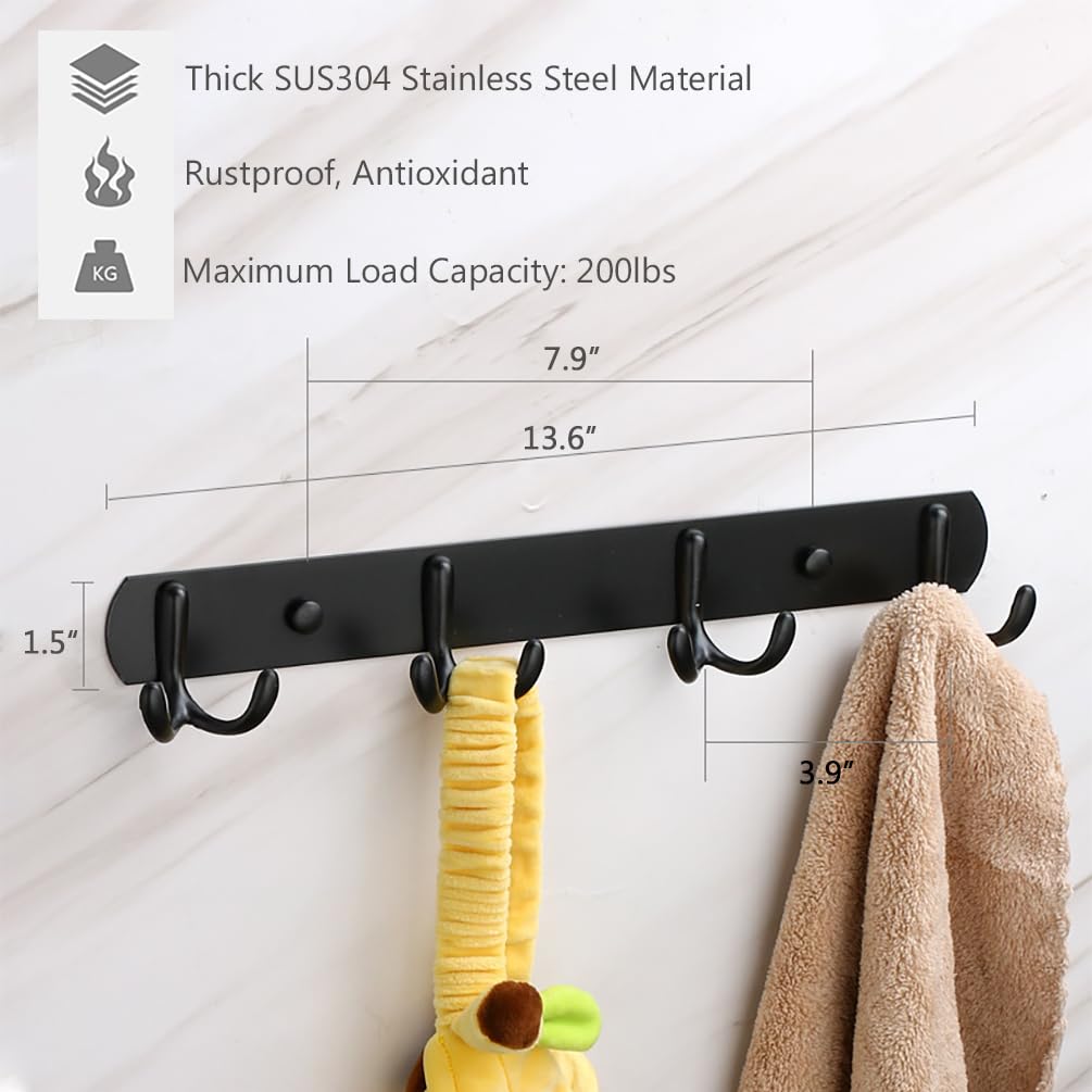 Estrend 2-Pack Coat Rack Wall Mounted with 4 Double Hooks Metal Coat Hook Rail Bath Towel Robe Hooks Key Hooks Holder for Bathroom Entryway, 13.6", Matte Black