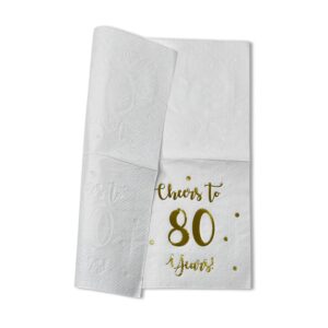 Cheers to 80 Years Cocktail Napkins | Happy 80th Birthday Decorations for Men and Women and Wedding Anniversary Party Decorations | 50-Pack 3-Ply Napkins | 5 x 5 inch folded (White)