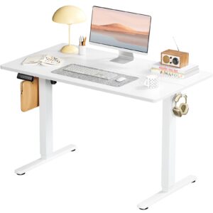 smug standing desk, adjustable height electric sit stand up down computer table, 40x24 inch ergonomic rising desks for work office home, modern lift motorized gaming desktop workstation, white