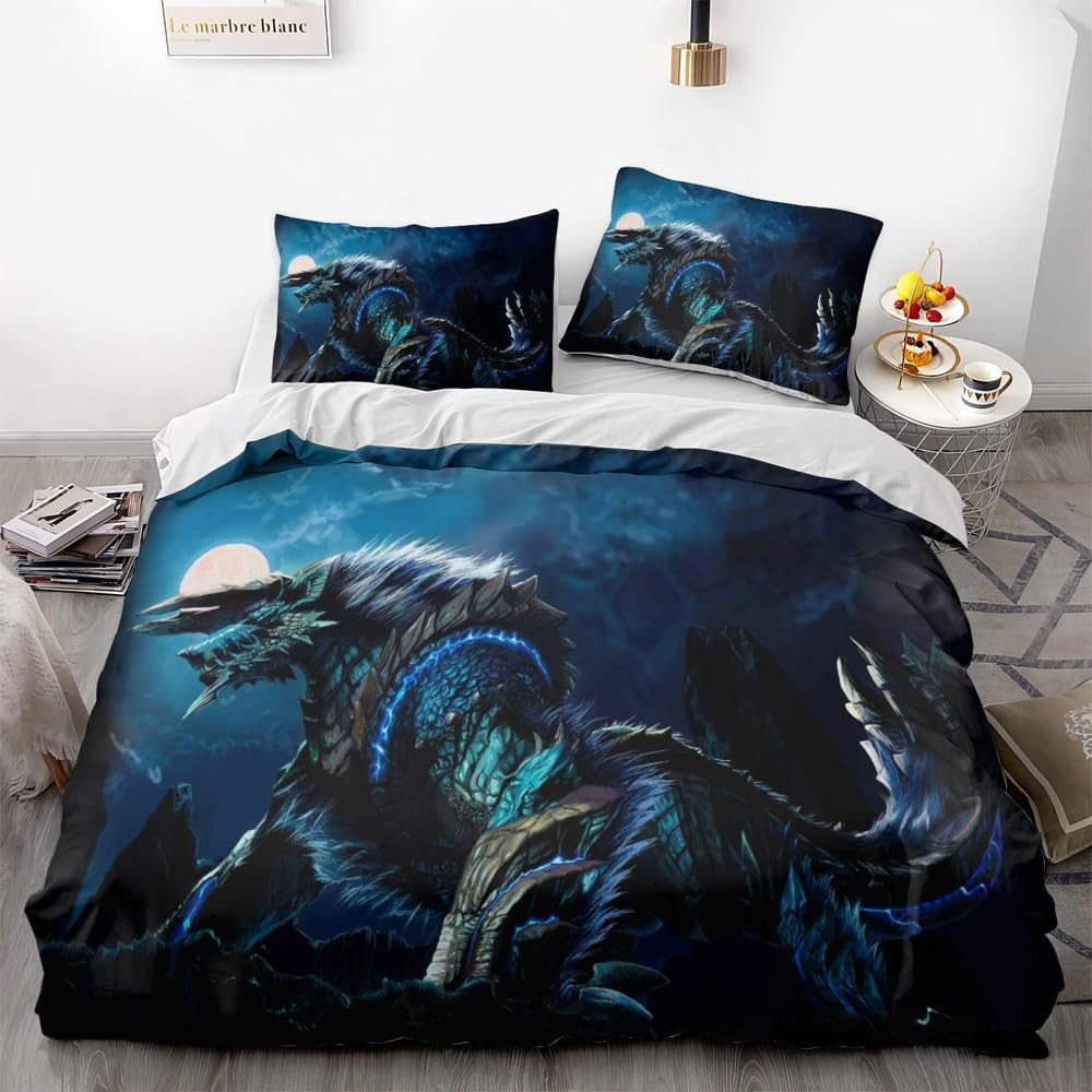 PONNYC MH Dragon Hunter Game Duvet Cover Soft 3D Printed Bedding Set with Comforter Cover 3 Piece Set Includes 2 Pillowcases and 1 Duvet Cover Machine Washable (03,King (104"x90"))