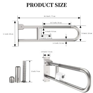 Toilet Grab Bar 30.3 Inch, YuanDe Brushed Nickel Anti-Slip Support Rail, U Shaped Flip-Up Grab Bar with Paper Holder, Stainless Steel Knurled Handicap Safety Handrails for Disabled Elderly Pregnant