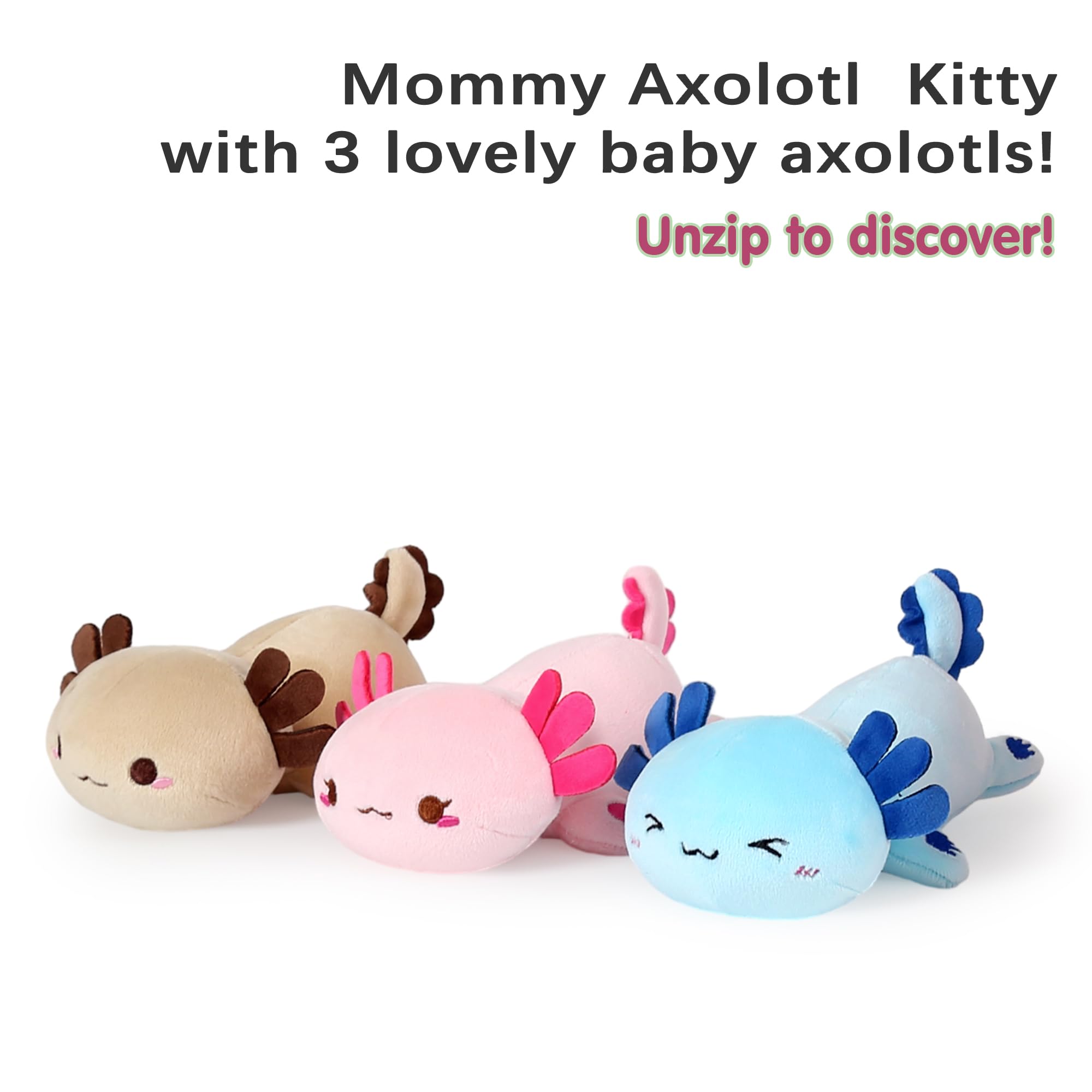 Onsoyours Axolotl Stuffed Animal Mommy 19.7" with 3 Baby Axolotl Plushies in Tummy, 4 Piece of Cute Axolotl Plush Pillow Toys for Kids Girls Boys (Pink Axolotl Family)