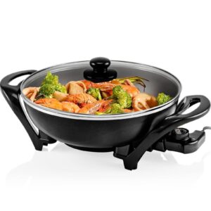 electric wok with lid nonstick - electric skillet serves for 6 people, portable countertop cooking wok, 5-dial temperature control, 13inch, black