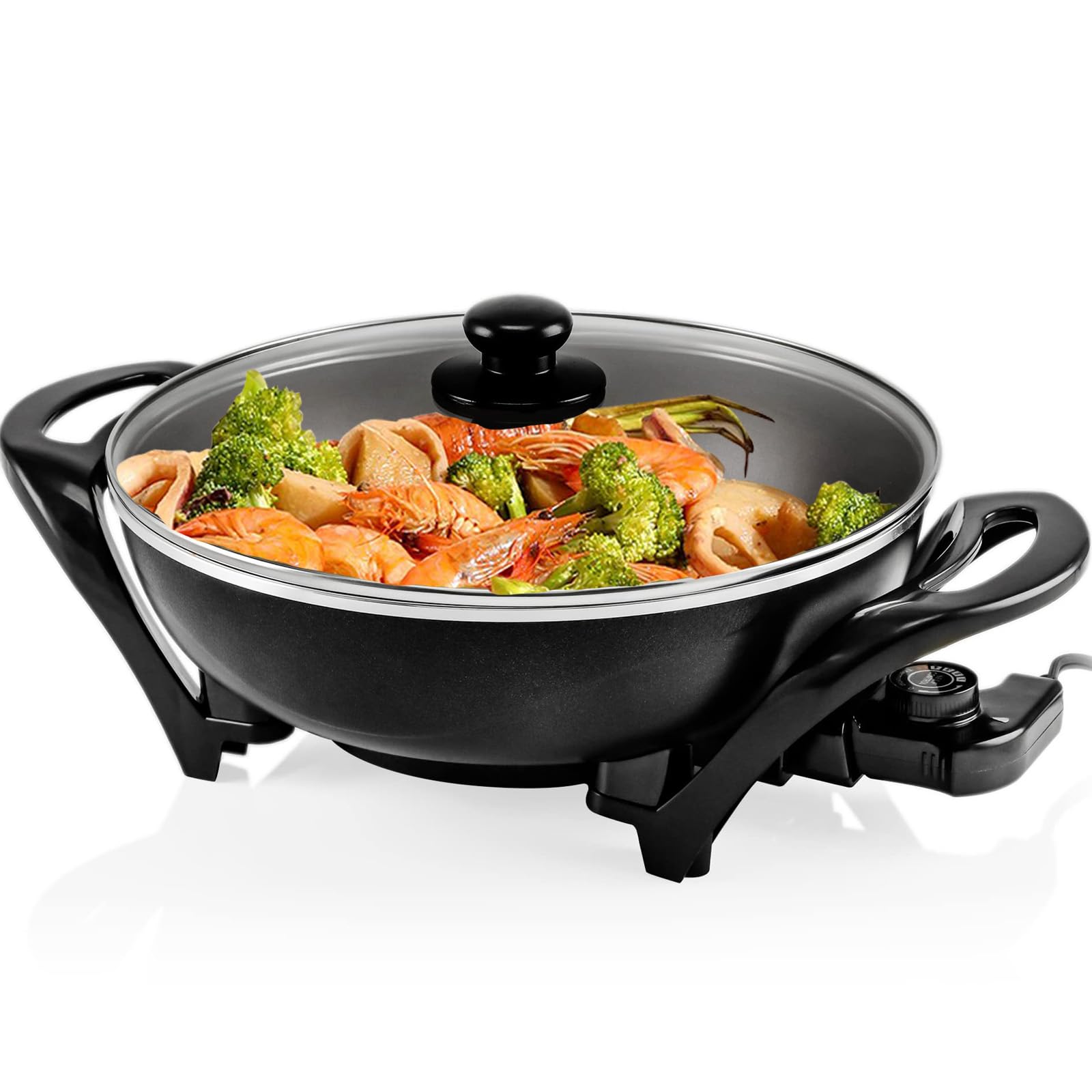 Electric Wok With Lid Nonstick - Electric Skillet Serves For 6 People, Portable Countertop Cooking Wok, 5-Dial Temperature Control, 13inch, Black