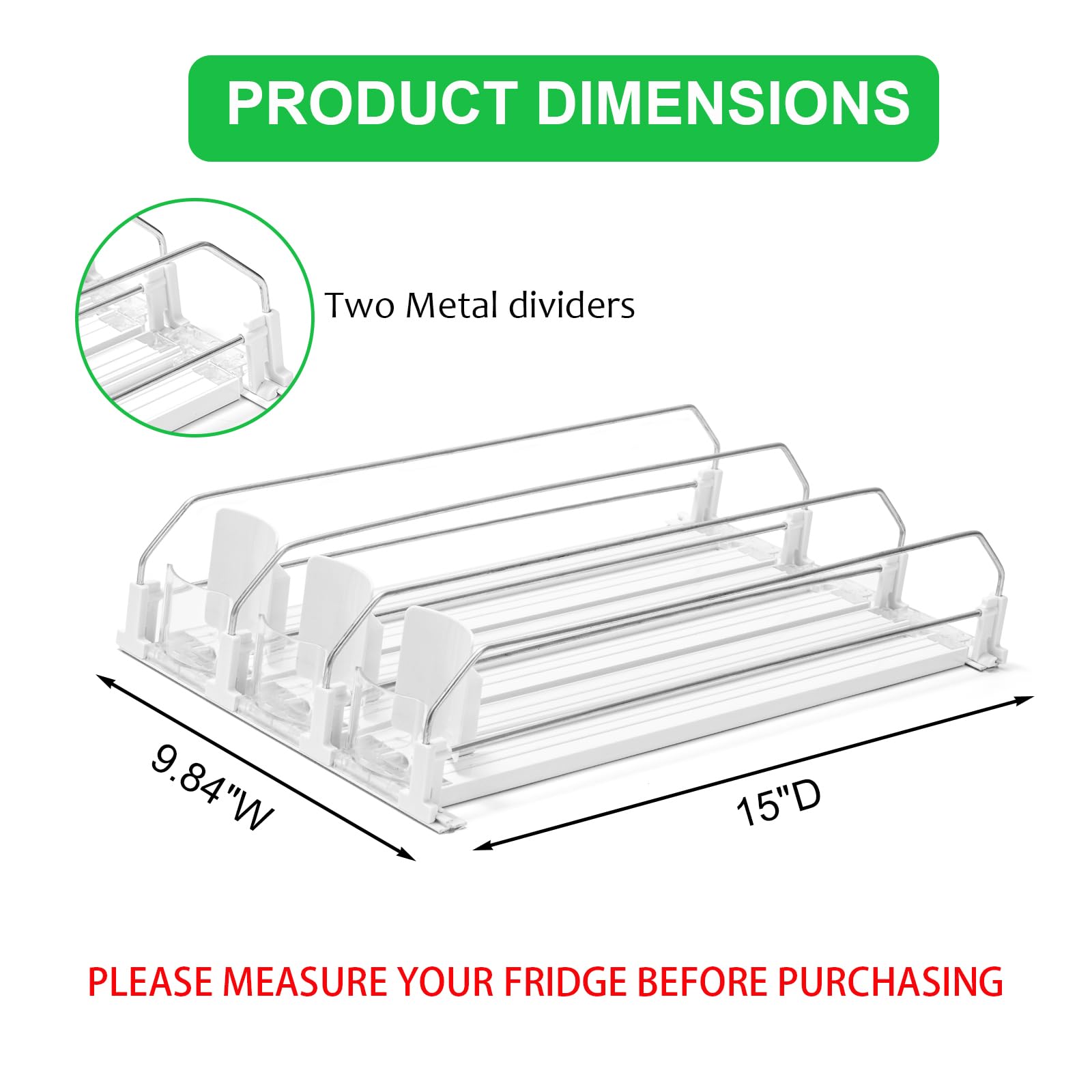 Rula Drink Organizer for Fridge, Width Adjustable Water Bottle Pusher Glide, Self-Pushing Soda Can Dispenser for Refrigerator - Holds up to 15 Cans (15"D, 3 Rows)