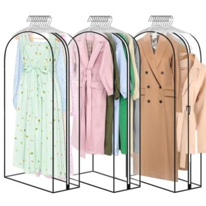 60 inch long garment bags for hanging clothes, 10 gusseted clear garment bags for storage, dress bags for gowns long with side zipper, clothes storage bag for coats, gowns, suits, sweaters（3 packs）