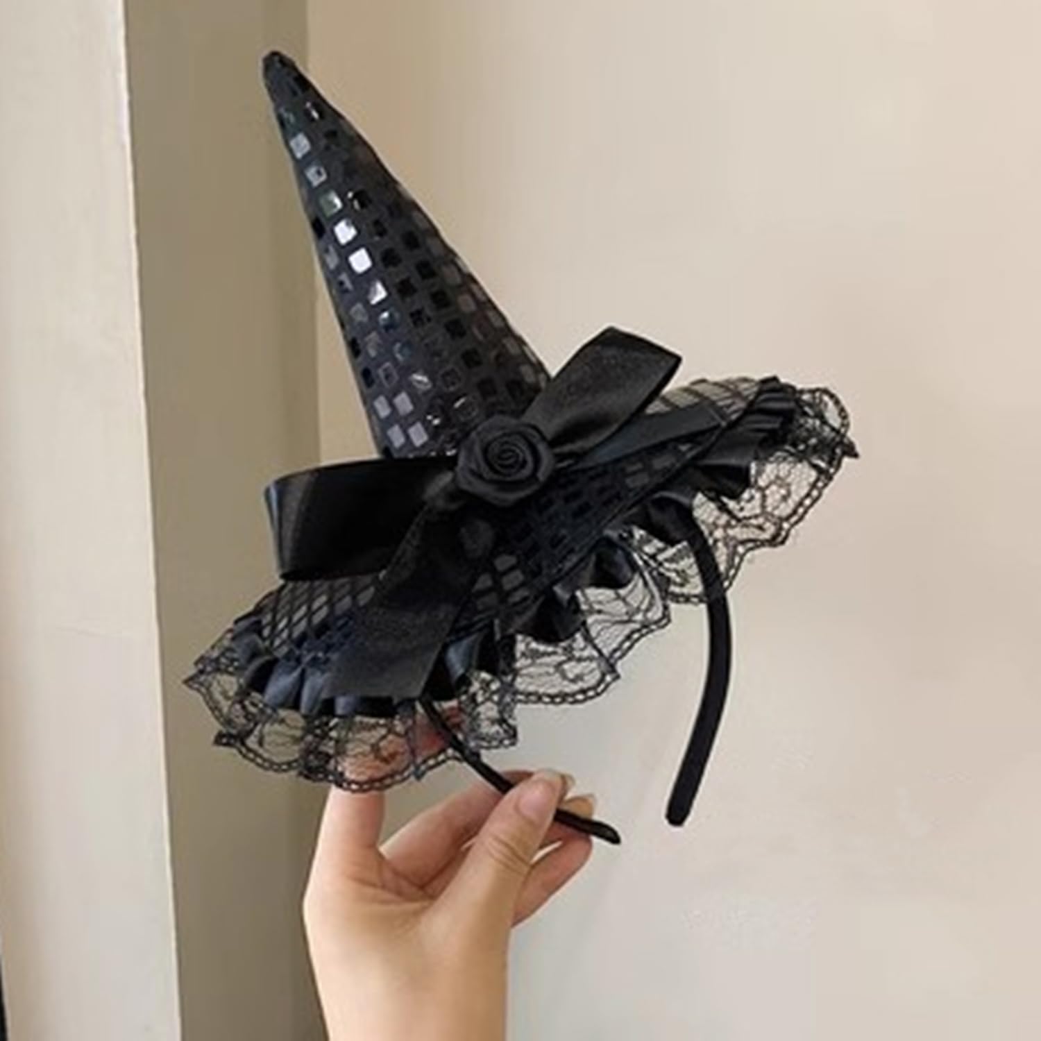 Dzrige Halloween Witch Hat Headband Witch Feather Headwear with Lace Trim Witch Hat Headpiece Accessories for Halloween Party Cosplay (Black)