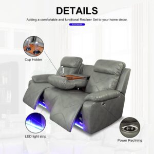 GEBADOL Power Recliner Sofa with LED Lights Leather Sofa for Living Room with USB Port/Storage Console/Cup Holders(Grey)