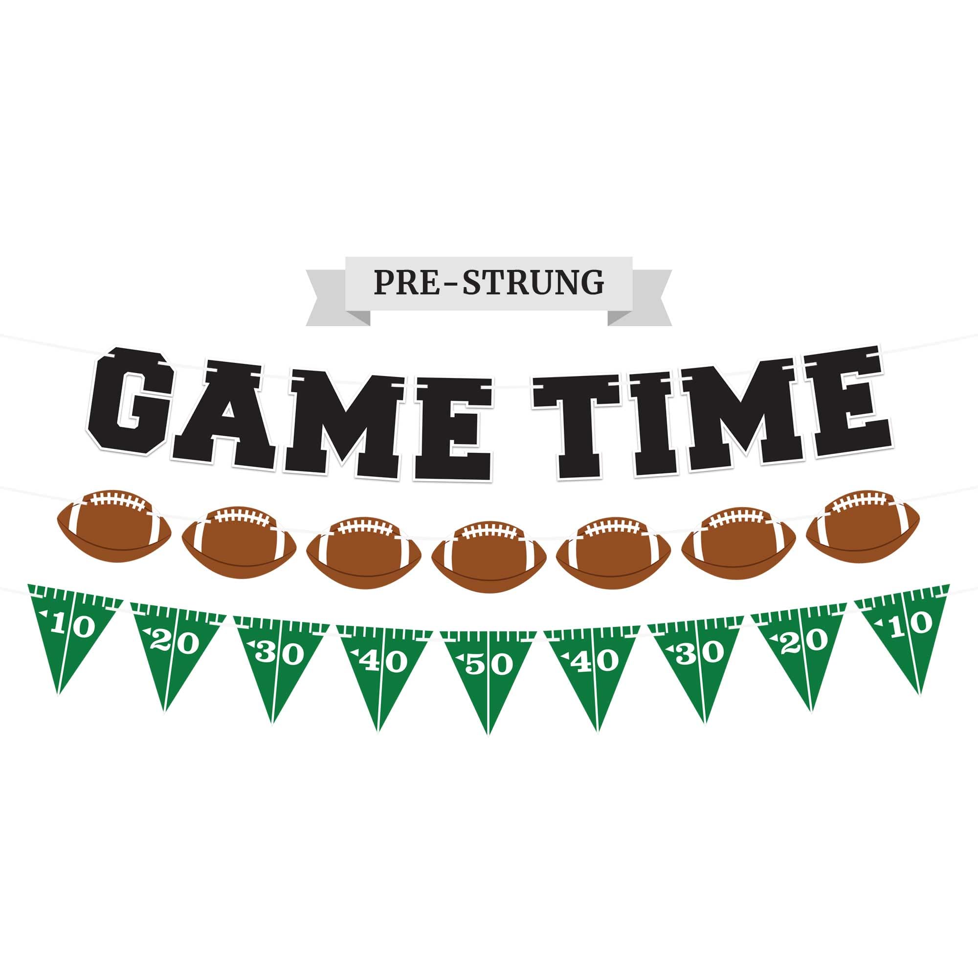 Pre-Strung Game Time Football Banner - No DIY - Football Party Banner - Pre-Strung Garland on 8 ft Strands - Football Birthday Party Decorations. Sports Fantasy Football Party. Did we mention no DIY?