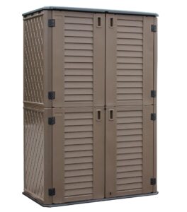 kinying outdoor storage shed waterproof, resin vertical outdoor storage cabinet for patio furniture, garden tools, pool accessories, mower storage (66 cu.ft, dark brown)