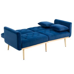 SULOPS 65" Tufted Velvet Vintage Futon Sofa Bed with 2 Pillows, Modern Accent Sofa Upholstered Comfy Loveseat Sofa Sleeper Bed 2-Seater Folding Couch for Home Office Small Space (Velvet Navy)