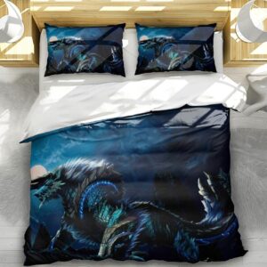 PONNYC MH Dragon Hunter Game Duvet Cover Soft 3D Printed Bedding Set with Comforter Cover 3 Piece Set Includes 2 Pillowcases and 1 Duvet Cover Machine Washable (03,King (104"x90"))