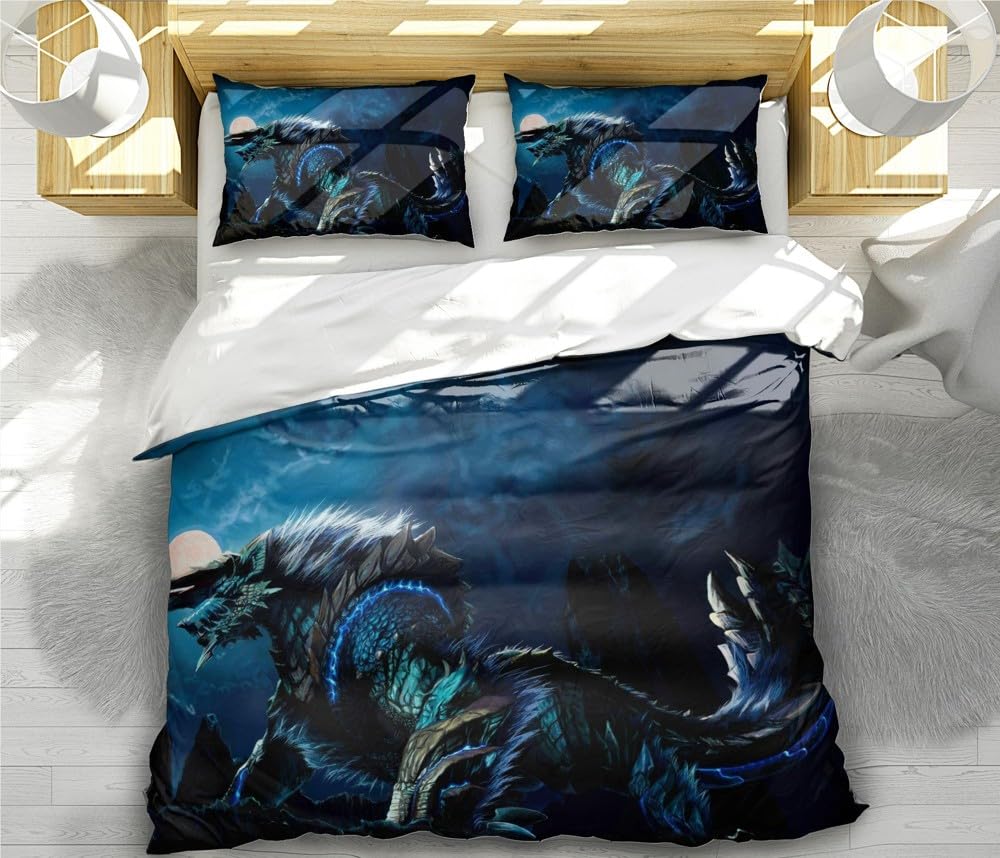 PONNYC MH Dragon Hunter Game Duvet Cover Soft 3D Printed Bedding Set with Comforter Cover 3 Piece Set Includes 2 Pillowcases and 1 Duvet Cover Machine Washable (03,King (104"x90"))