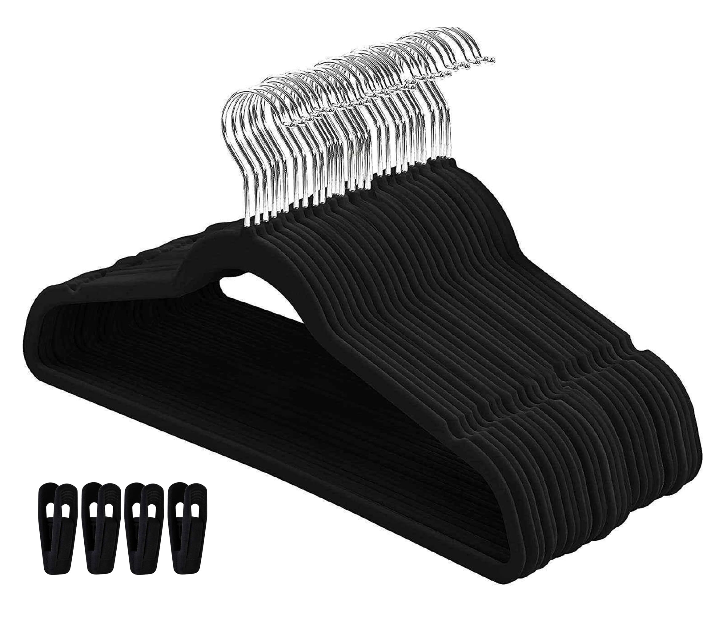 Velvet Hangers 26 Pack with Clips - Non Slip Black Felt Hangers - Space Saving Clothes Hangers for Coat, Shirt, Pants & Dress - Slim Heavy Duty Hangers for Clothing