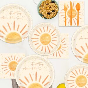 168Pcs Boho First Trip Around The Sun Birthday Decorations- Boho Party Set with Bohemian Hippie Sunshine Theme Party Tableware Decorations Including Plates,Cups,Napkins,Baby Shower Party for 24 Guests