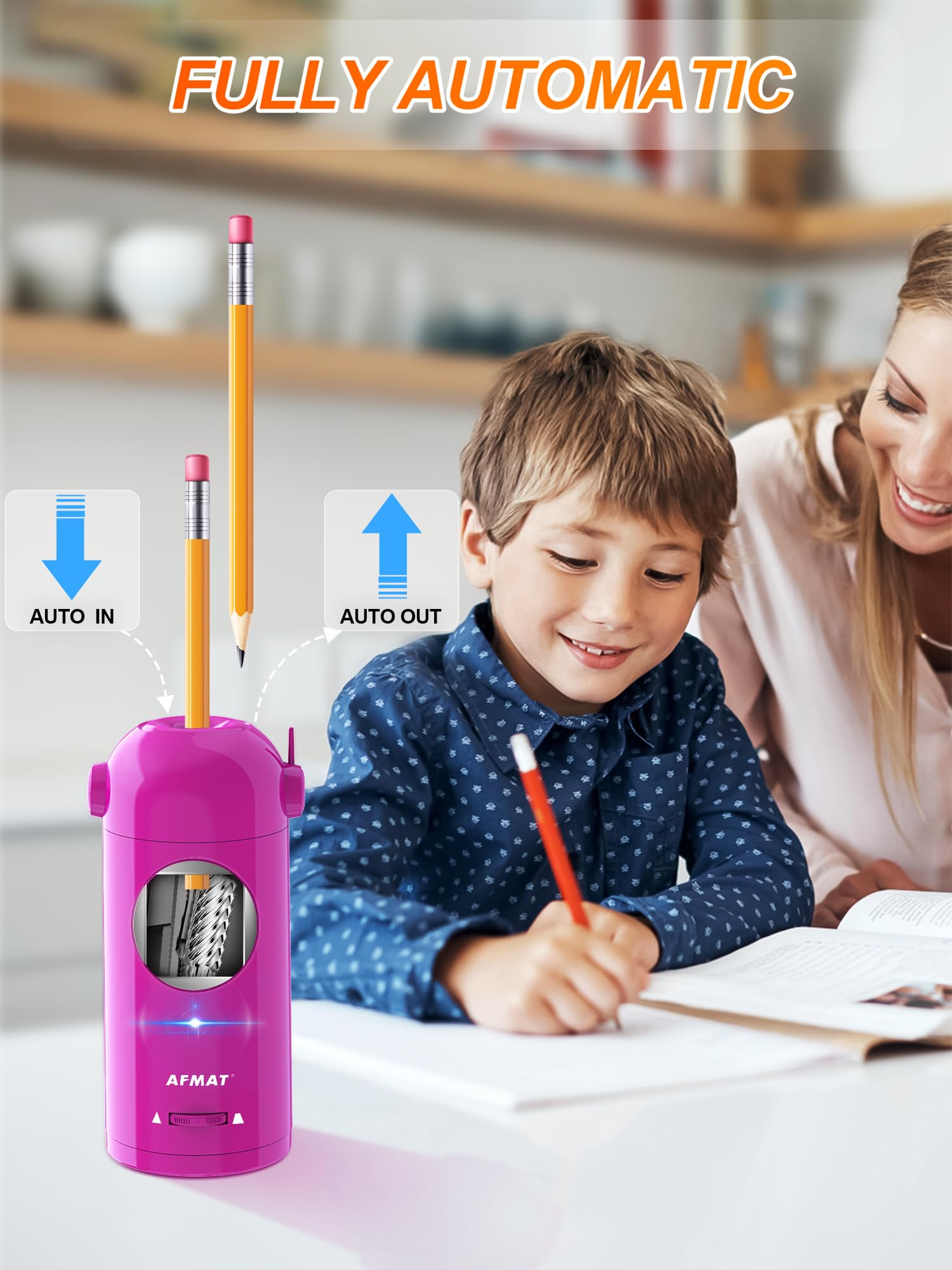 AFMAT Electric Pencil Sharpener for Colored Pencils, Fully Automatic Robot Pencil Sharpener, Auto in & Out, Rechargeable Hands-Free Pencil Sharpener for 7-11.5mm Jumbo Pencils, Home, Classroom