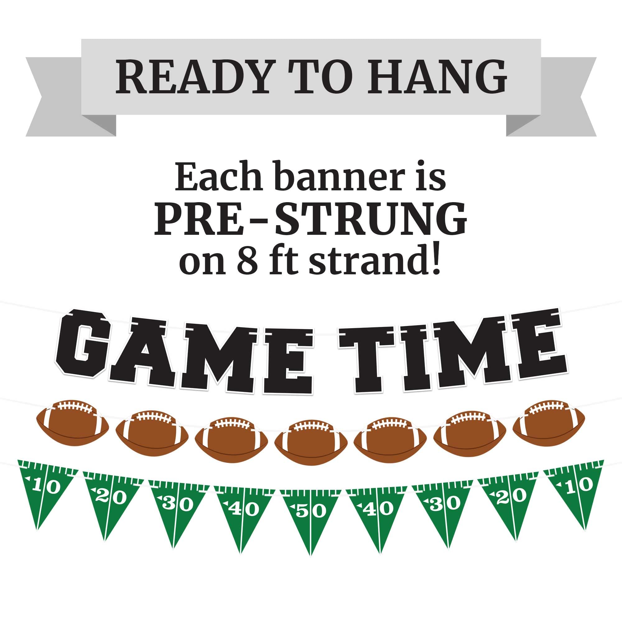 Pre-Strung Game Time Football Banner - No DIY - Football Party Banner - Pre-Strung Garland on 8 ft Strands - Football Birthday Party Decorations. Sports Fantasy Football Party. Did we mention no DIY?