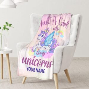 Personalized Unicorn Blanket Gifts with Name Text, 50"x60" Cute Throw Blanket for Adults Kids, Lightweight, Plush, Soft, Cozy, Warm, Flannel Blankets for Bed Couch