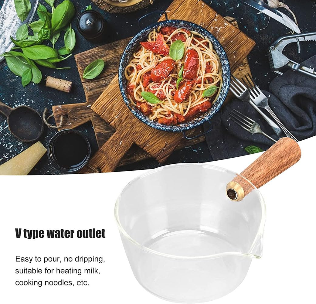 Clear Glass Saucepan, Heat-resistant Mini Simmer Pot with Wood Handle, Glass Cookware Set Ramen Pot Cooktop Safe for Pasta Noodle, Soup, Milk, Baby Food(20OZ/500ML)